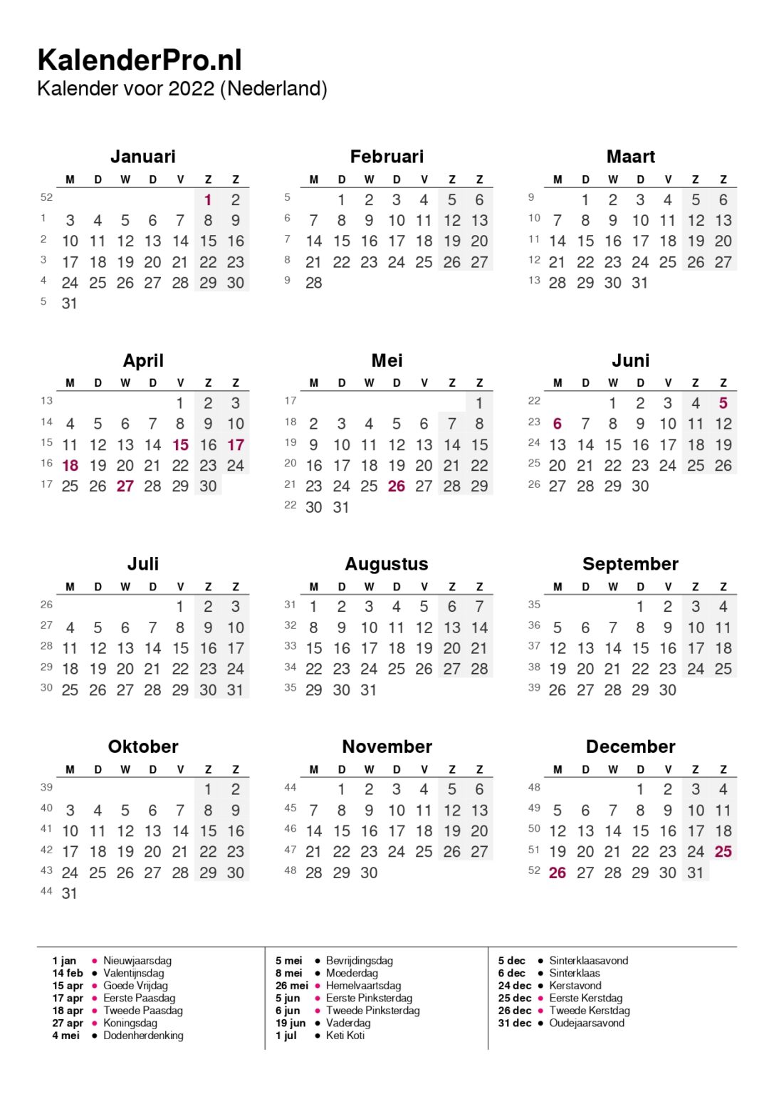 Kalender 2022 – Overzicht met Feestdagen & Weeknummers