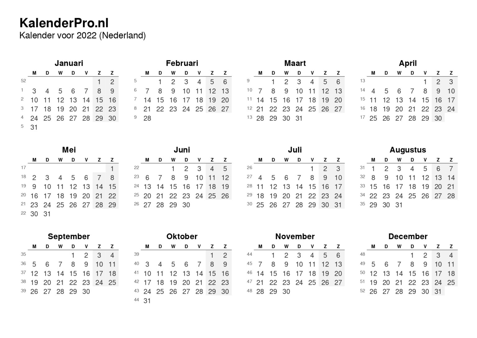Kalender 2022 – Overzicht met Feestdagen & Weeknummers