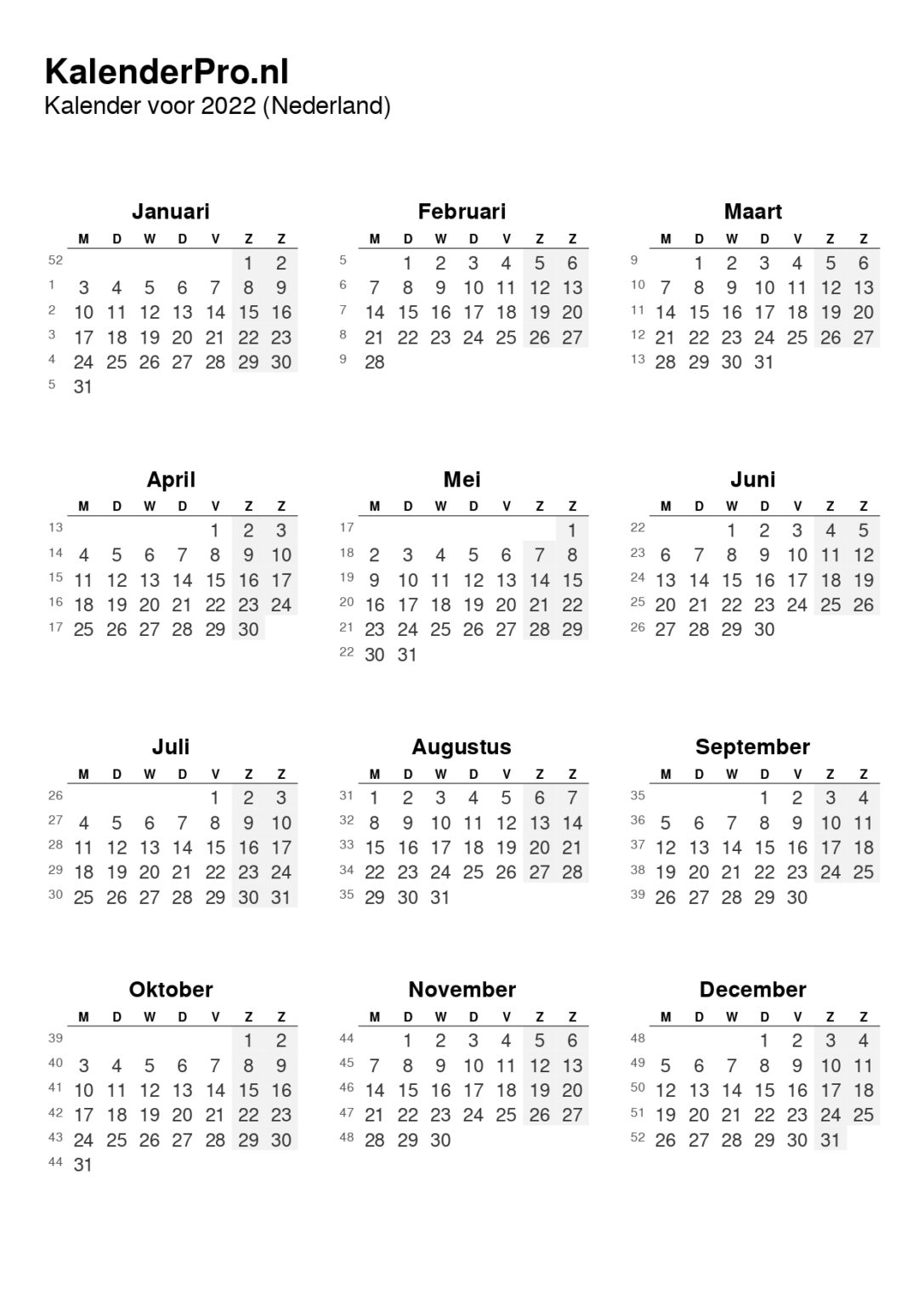 Kalender 2022 – Overzicht met Feestdagen & Weeknummers