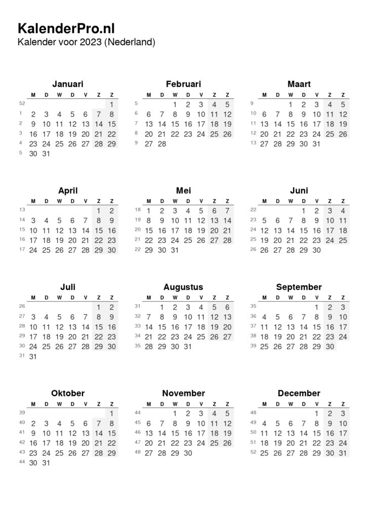 Kalender 2023 – Overzicht met Feestdagen & Weeknummers