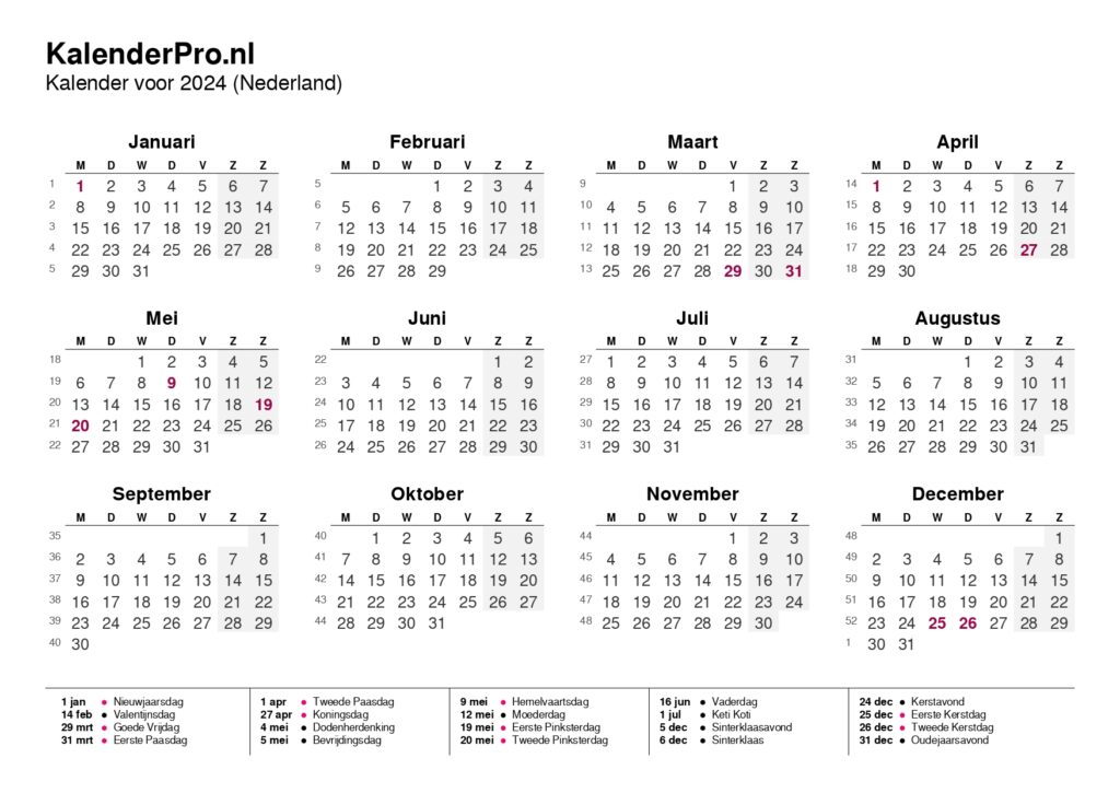 Kalender 2024 – Overzicht met Feestdagen & Weeknummers
