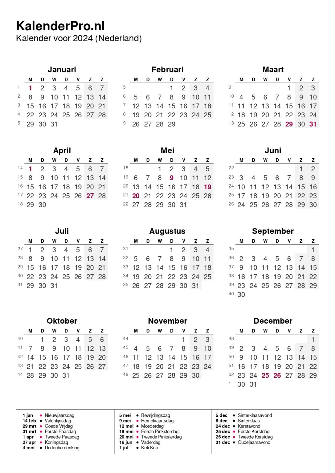 Kalender 2024 – Overzicht met Feestdagen & Weeknummers