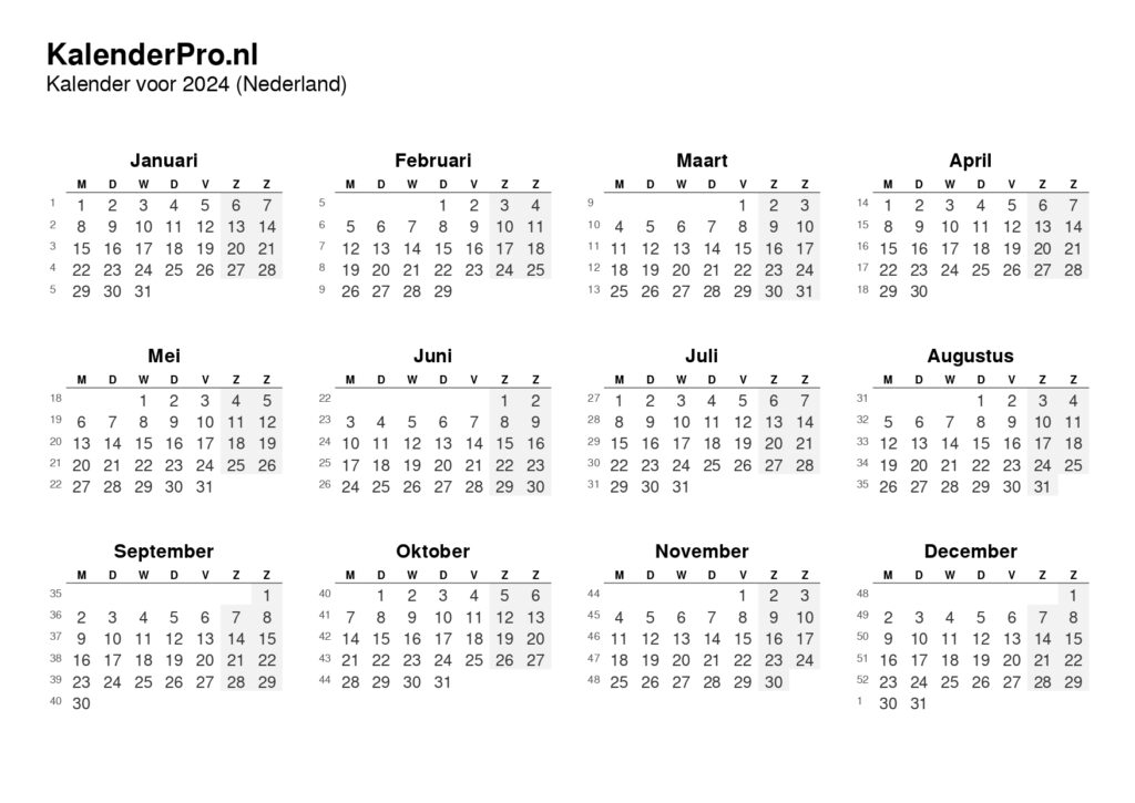 Kalender 2024 – Overzicht met Feestdagen & Weeknummers