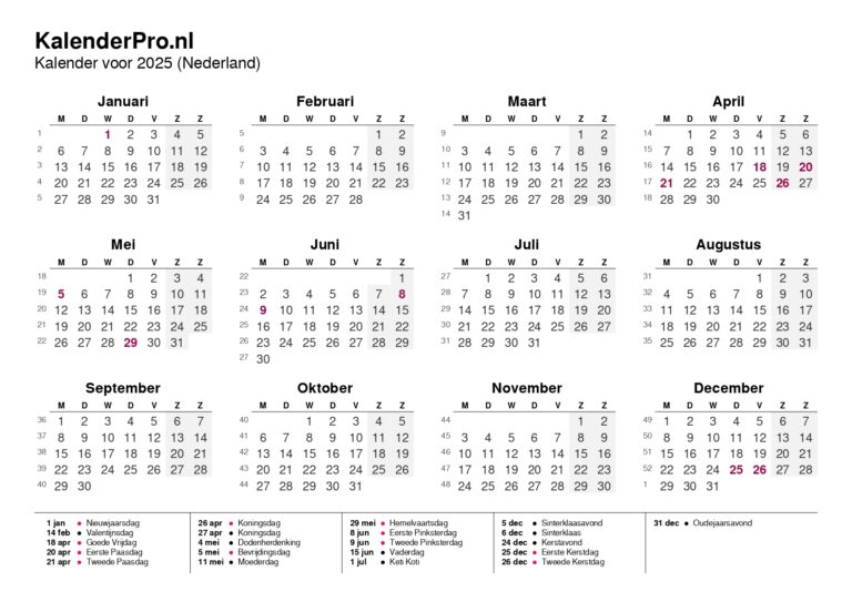 Kalender 2025 – Overzicht met Feestdagen & Weeknummers