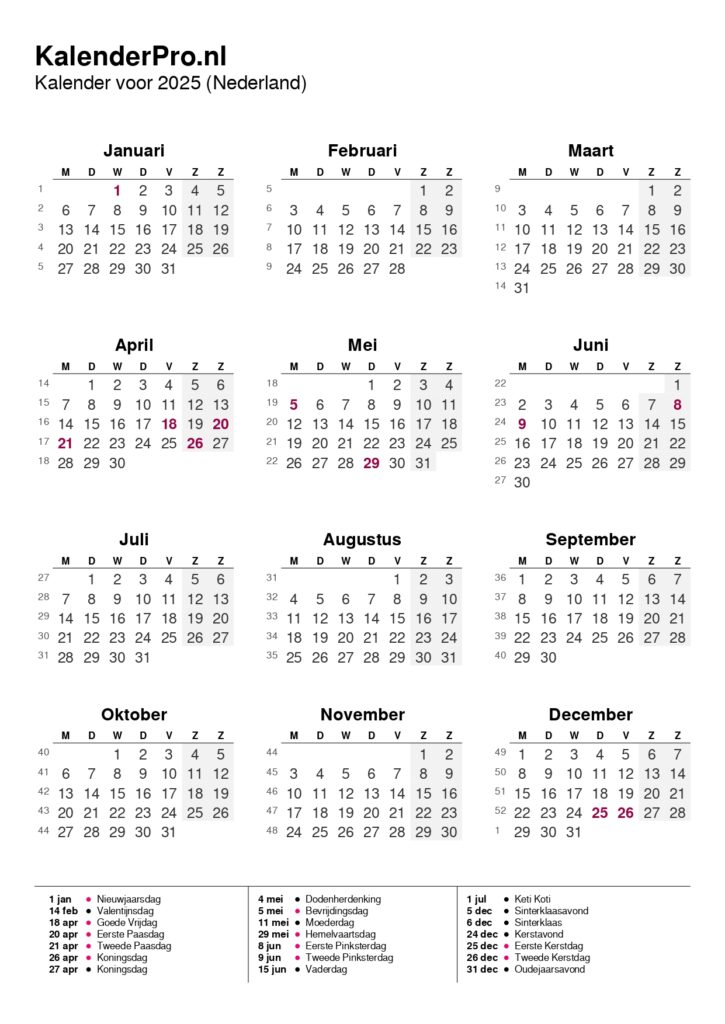 Kalender 2025 – Overzicht met Feestdagen & Weeknummers