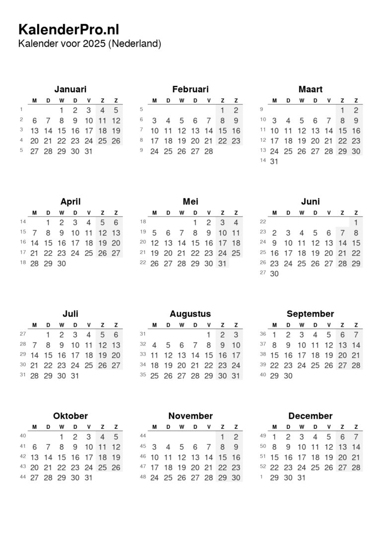 Kalender 2025 – Overzicht met Feestdagen & Weeknummers