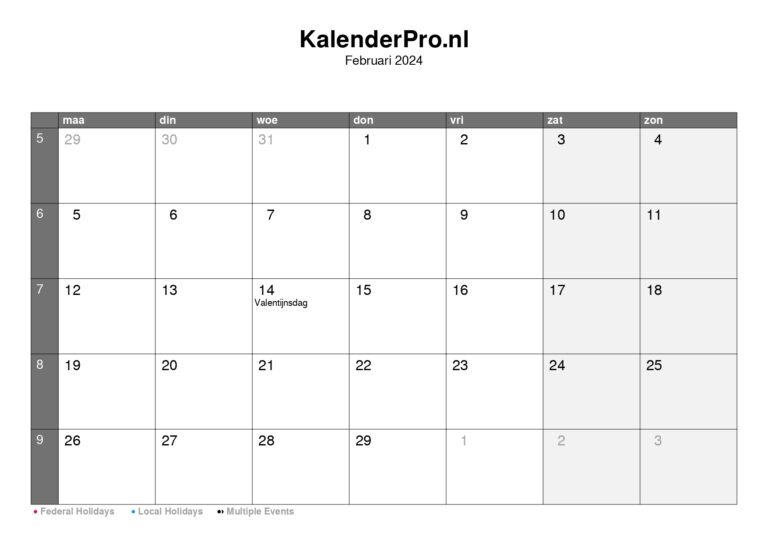 Kalender februari 2024 – Maandoverzicht & Weeknummers