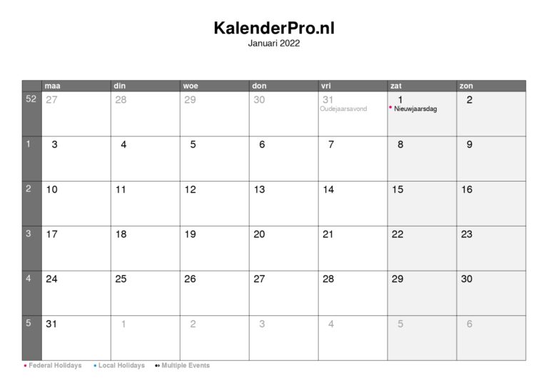 Kalender 2022 – Overzicht met Feestdagen & Weeknummers