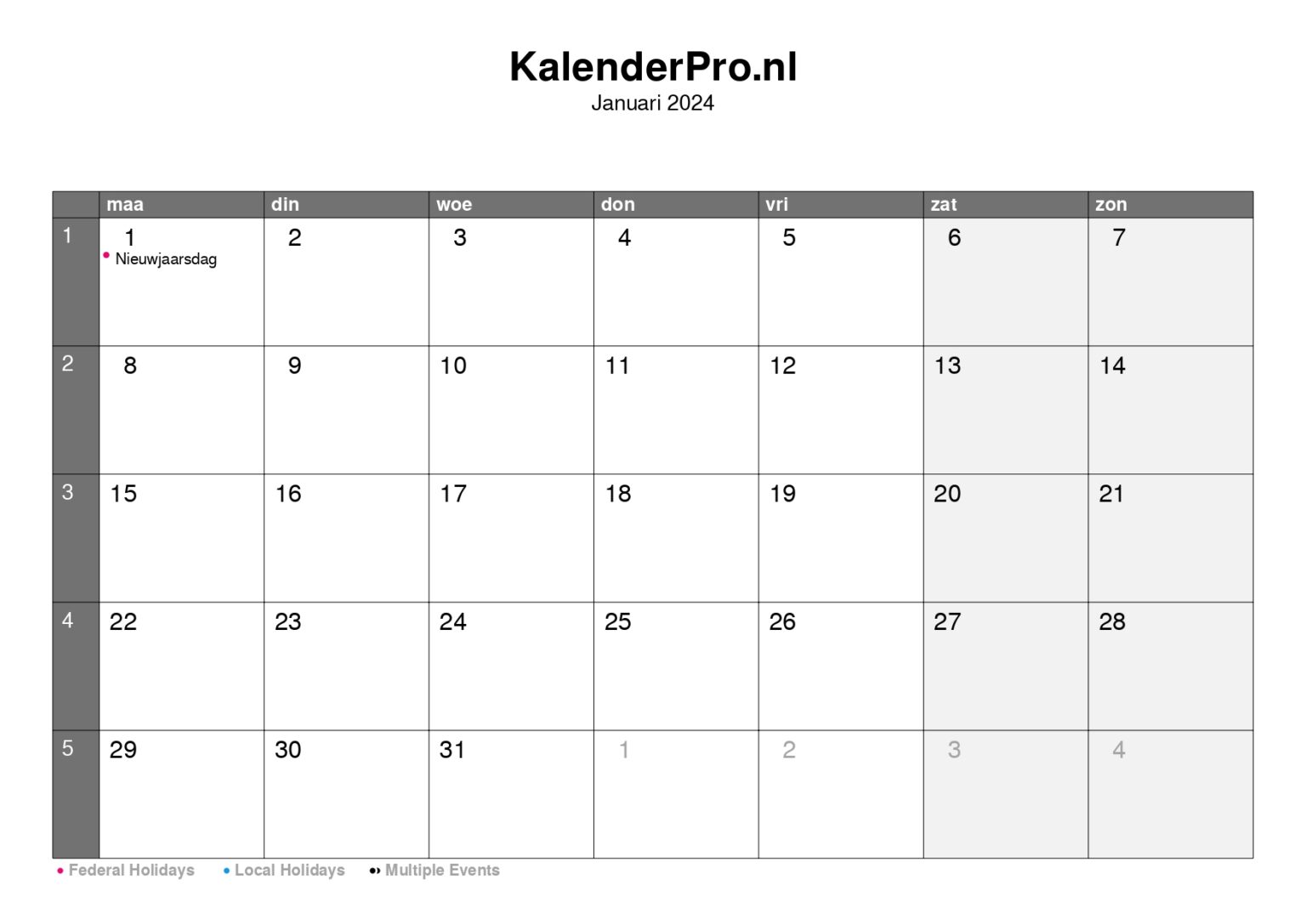 Kalender 2024 – Overzicht met Feestdagen & Weeknummers
