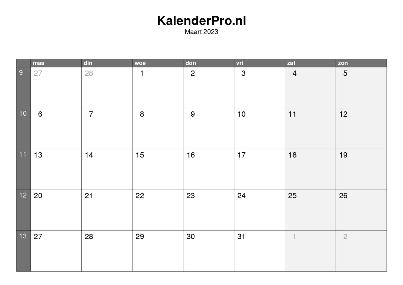 Kalender maart 2023 – Maandoverzicht & Weeknummers