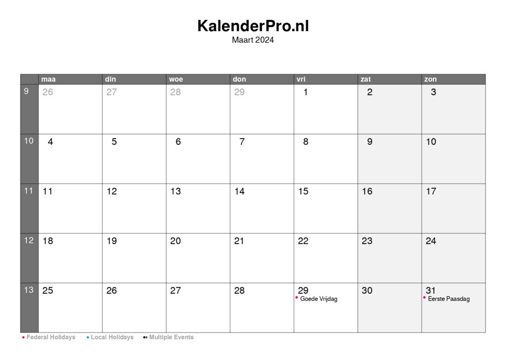 Kalender maart 2024 – Maandoverzicht & Weeknummers